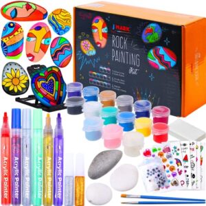 j mark premium rock painting kit – 42 piece rock paint bundle- rocks, acrylic paint markers, glow in the dark, metallic and acrylic paints, transfer stickers, gems, googly eyes, glitter glues,palette