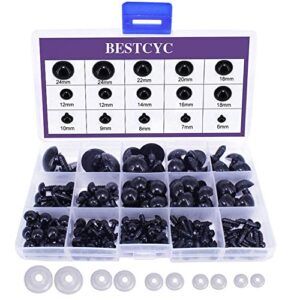 bestcyc 1box(154pcs) 6/7/8/9/10/12/14/16/18/20/22/24mm black solid plastic safety eyes craft safety eyes diy eyes with washers for teddy bear doll plush animal puppet crafts