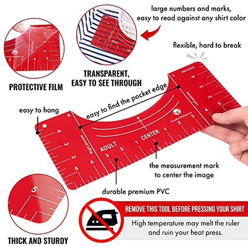 Good Life Ideas Tshirt Ruler Guide for Vinyl Alignment - T-Shirt Measurement Tool Heat Press to Center Designs, Easy tee Centering Tool, t Shirt aligning kit 7pcs, Red, Gray, White, Black, 12, Large