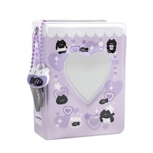 3 inch mini photo album, heart hollow card binder photo album kpop photo card holder with pendant 40 pockets (purple black cat)