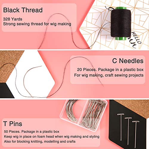 Boao 70 Pieces Wig Making Pins Needles Set, Wig T Pins and C Curved Needles with 328 Yard Thread for Wig Making, Blocking Knitting, Modelling and Crafts