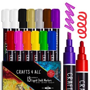 crafts 4 all liquid chalk markers for blackboard signs, bistro menu, car window glass – dry erase, washable – 13 colored chalk pens w/reversible tips & tweezers – bonus white chalkboard marker!