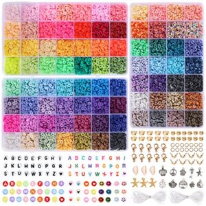 quefe 12600pcs, 84 colors clay beads kit for bracelet making, heishi beads flat round polymer clay spacer beads with pendant charms kit and letter beads, crafts for earrings bracelets necklace