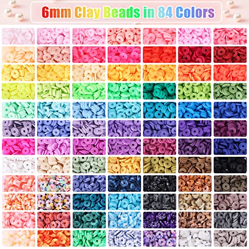 QUEFE 12600pcs, 84 Colors Clay Beads Kit for Bracelet Making, Heishi Beads Flat Round Polymer Clay Spacer Beads with Pendant Charms Kit and Letter Beads, Crafts for Earrings Bracelets Necklace