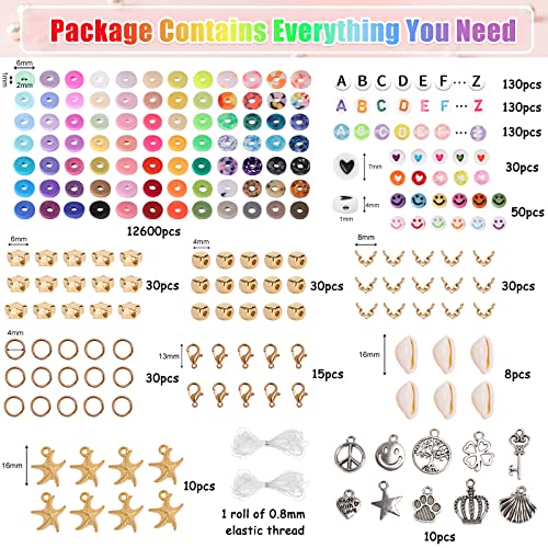 QUEFE 12600pcs, 84 Colors Clay Beads Kit for Bracelet Making, Heishi Beads Flat Round Polymer Clay Spacer Beads with Pendant Charms Kit and Letter Beads, Crafts for Earrings Bracelets Necklace