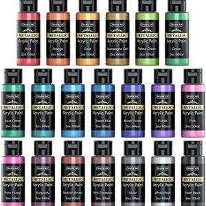 Metallic Acrylic Paint Set, Shuttle Art 20 Colors Metallic Paint in Bottles (60ml, 2oz) with 3 Brushes and 1 Palette, Rich Pigments, Non-Toxic for Artists, Beginners on Rocks Crafts CanvasWood Fabric