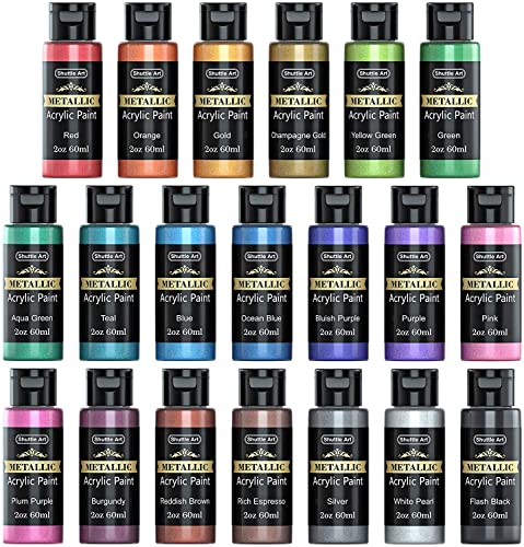 Metallic Acrylic Paint Set, Shuttle Art 20 Colors Metallic Paint in Bottles (60ml, 2oz) with 3 Brushes and 1 Palette, Rich Pigments, Non-Toxic for Artists, Beginners on Rocks Crafts CanvasWood Fabric