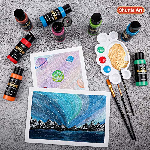 Metallic Acrylic Paint Set, Shuttle Art 20 Colors Metallic Paint in Bottles (60ml, 2oz) with 3 Brushes and 1 Palette, Rich Pigments, Non-Toxic for Artists, Beginners on Rocks Crafts CanvasWood Fabric