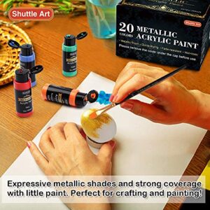 Metallic Acrylic Paint Set, Shuttle Art 20 Colors Metallic Paint in Bottles (60ml, 2oz) with 3 Brushes and 1 Palette, Rich Pigments, Non-Toxic for Artists, Beginners on Rocks Crafts CanvasWood Fabric