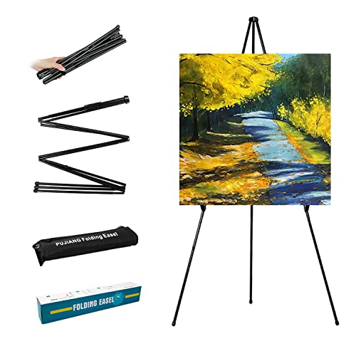 63" Tall Display Easel, Folding Instant Poster Easel, Black Steel Metal Telescoping Art Easel for Display Show, Easy Assembly with Carrying Bag (Black, 1Pack)