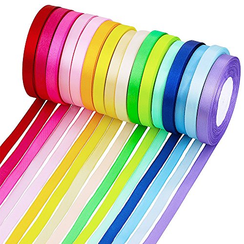 Supla 16 Colors 400 Yard Fabric Ribbon Silk Satin Roll Satin Ribbon Rolls in 2/5" Wide, 25 Yard/roll,16 Rolls,Satin Ribbon Fabric Ribbon Embellish Ribbon Ribbon for Bows Crafts Gifts Party Wedding