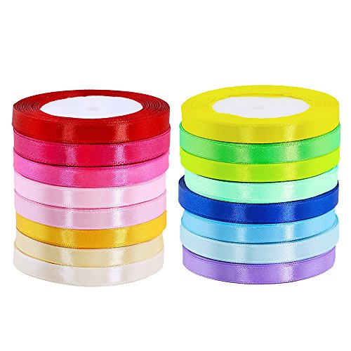 Supla 16 Colors 400 Yard Fabric Ribbon Silk Satin Roll Satin Ribbon Rolls in 2/5" Wide, 25 Yard/roll,16 Rolls,Satin Ribbon Fabric Ribbon Embellish Ribbon Ribbon for Bows Crafts Gifts Party Wedding