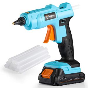 20v cordless hot glue gun, gogonova drip-free fast heating full size glue gun with insulated copper nozzle, melting glue gun kit with led light and 12 pcs premium glue sticks (battery included)