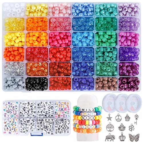 Quefe 3850pcs Pony Beads Kit, 3060pcs Rainbow Opaque Beads and 790pcs Letter Beads, 36 Colors 10 Pendants and 3 Rolls Crystal String for Bracelets Jewelry Necklace Making Crafts