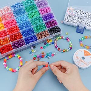 Quefe 3850pcs Pony Beads Kit, 3060pcs Rainbow Opaque Beads and 790pcs Letter Beads, 36 Colors 10 Pendants and 3 Rolls Crystal String for Bracelets Jewelry Necklace Making Crafts