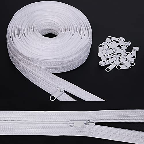 10Yards Bulk Zipper, #3 Zippers for Sewing, White Nylon Coil Zipper by The Yards, Replacement Sewing Zipper with 20PCS Zipper Sliders for DIY Sewing Craft Bags by MiniRed (#3 White)