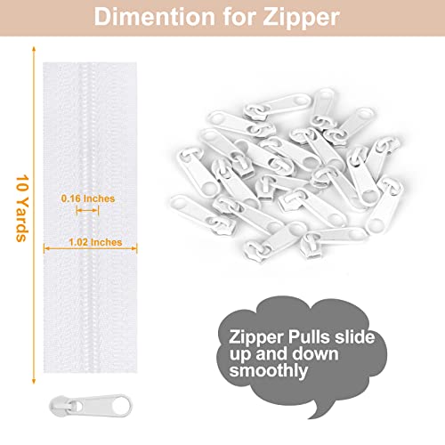 10Yards Bulk Zipper, #3 Zippers for Sewing, White Nylon Coil Zipper by The Yards, Replacement Sewing Zipper with 20PCS Zipper Sliders for DIY Sewing Craft Bags by MiniRed (#3 White)