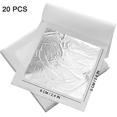 20Pcs Silver Leaf Sheets 2.4"x2.4" Edible Silver Leaf Pure Silver Leaf for Beauty Routine and Makeup, Bakery and Pastry,Cake Decoration, Chocolates and Gilding DIY Art and Craft Work Furniture