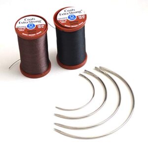 extra strong upholstery repair sewing thread kit coats and clark – heavy duty curved needles, 1 black spool, 1 brown spool