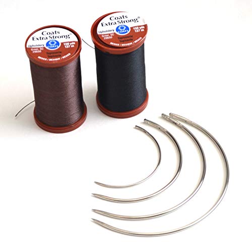 Extra Strong Upholstery Repair Sewing Thread Kit Coats and Clark - Heavy Duty Curved Needles, 1 Black Spool, 1 Brown Spool