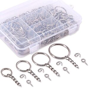 swpeet 300pcs key chain rings kit, 100pcs keychain rings with chain and 100pcs jump ring with 100pcs screw eye pins bulk for jewelry findings making – 3/5 inch, 4/5 inch, 1 inch, 6/5 inch (sliver)