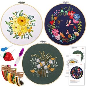 mocoosy 3 pack embroidery starter kit for beginners, stamped embroidery kit with pattern and instructions, cross stitch set kids adults crafts include 3 embroidery fabric, 3 bamboo hoops, threads