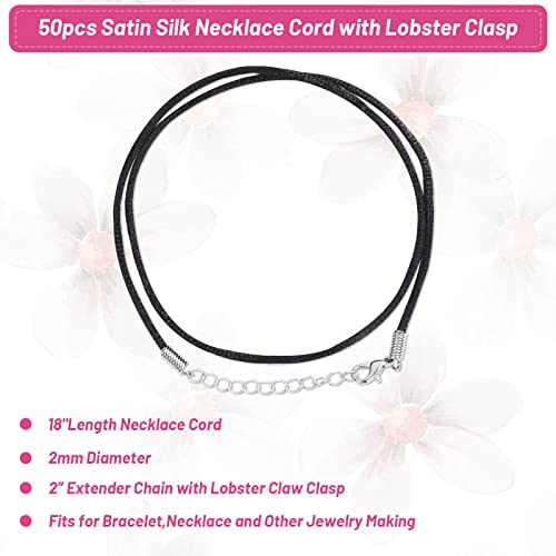 Selizo 50Pcs Satin Silk Necklace Cord with Lobster Clasp and Extension Chain for Necklaces Making and Beading (18 Inches, Black)