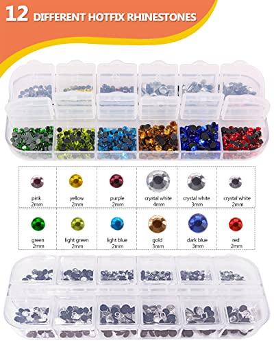 Hotfix Rhinestone Applicator, Genround Iron-on Hotfix Applicator Tool Wand Tool Set with 2 Boxes of Flat Back Gems Round Crystal Rhinestones/Storage Box/Tweezer/Gems Picking Pen for Clothes Shoes Card