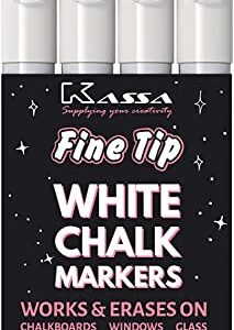 Kassa 4-Pack Erasable White Liquid Chalk Markers, for Chalkboard, Windows, Glass or Mirrors & More; Non-Toxic Washable Marker Pens with Reversible Dual Tip! Ideal for Home, School, & Office Use!