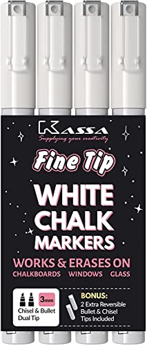 Kassa 4-Pack Erasable White Liquid Chalk Markers, for Chalkboard, Windows, Glass or Mirrors & More; Non-Toxic Washable Marker Pens with Reversible Dual Tip! Ideal for Home, School, & Office Use!