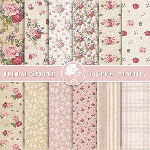 Whaline 12 Designs Spring Pattern Paper Pack 24 Sheet Rose Floral Scrapbook Specialty Paper Pink Double-Sided Collection Decorative Craft Paper for Card Making Scrapbook Photo Album Decor, 30 x 30cm