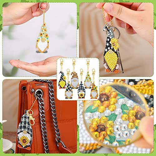 6 Pack Diamond Painting Keychains Kit Sunflower Gnome Spring Garden Summer Farmhouse Buffalo Plaid Sunflower Elf 5D DIY Diamond Painting Spring Summer Gnome for Beginners Kids Adults (Sunflower)