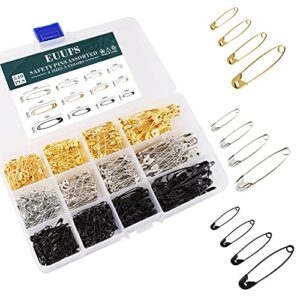 540pcs safety pins, euups 4 sizes safety pins assorted, durable & large strong safety pins bulk for art craft sewing jewelry making home office use with storage box, gold silver black