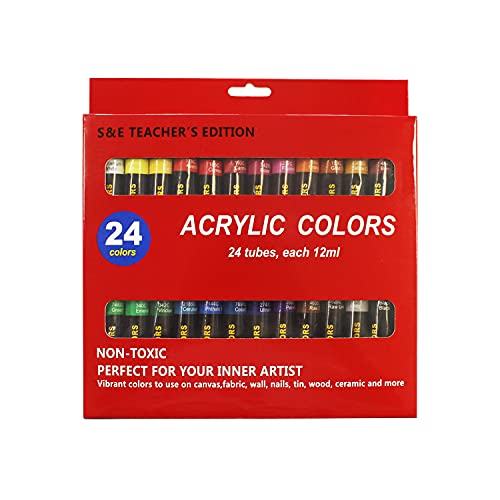 S & E TEACHER'S EDITION Acrylic Paint 24 Colors, 0.4 oz (12 ml) Tubes, Perfect for Canvas, Rocks, Glass, Wood, Fabric and More, Christmas Halloween Gifts.