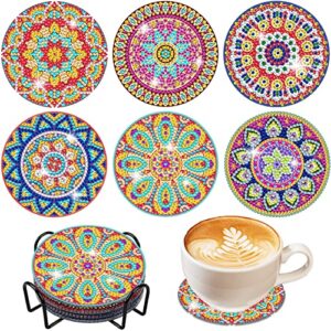 diamond painting coasters, 6 pcs mandala diamond painting coasters with holder, diamond art kits for diy coasters, 5d diamond painting kits for adults and kids