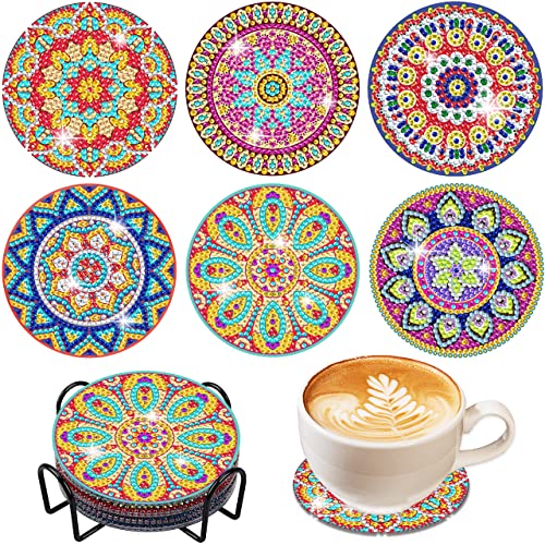 Diamond Painting Coasters, 6 Pcs Mandala Diamond Painting Coasters with Holder, Diamond Art Kits for DIY Coasters, 5D Diamond Painting Kits for Adults and Kids