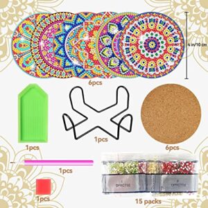 Diamond Painting Coasters, 6 Pcs Mandala Diamond Painting Coasters with Holder, Diamond Art Kits for DIY Coasters, 5D Diamond Painting Kits for Adults and Kids