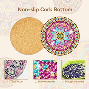 Diamond Painting Coasters, 6 Pcs Mandala Diamond Painting Coasters with Holder, Diamond Art Kits for DIY Coasters, 5D Diamond Painting Kits for Adults and Kids