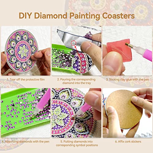 Diamond Painting Coasters, 6 Pcs Mandala Diamond Painting Coasters with Holder, Diamond Art Kits for DIY Coasters, 5D Diamond Painting Kits for Adults and Kids