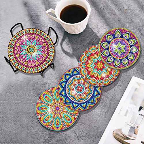 Diamond Painting Coasters, 6 Pcs Mandala Diamond Painting Coasters with Holder, Diamond Art Kits for DIY Coasters, 5D Diamond Painting Kits for Adults and Kids