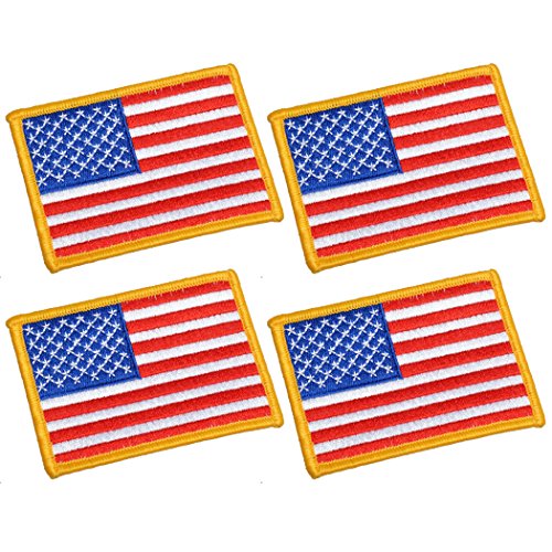 UNIS 4 Pack, 3.5 X 2.5. Inch Large Size American US Flag Embroidered Cloth Sew on Iron on Patch Golden Yellow Border.