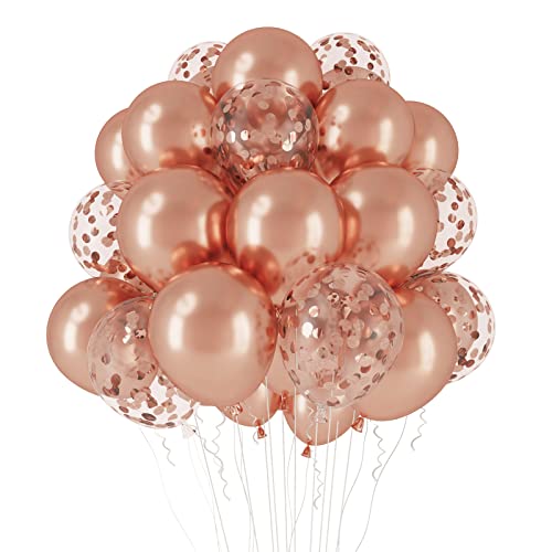 RUBFAC 50pcs Rose Gold Balloon Metallic Confetti Balloons 12 Inch Latex Balloons with 66ft Ribbon for Birthday Party Decorations