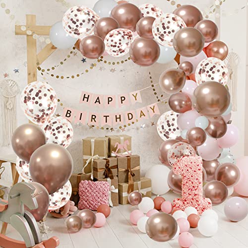 RUBFAC 50pcs Rose Gold Balloon Metallic Confetti Balloons 12 Inch Latex Balloons with 66ft Ribbon for Birthday Party Decorations