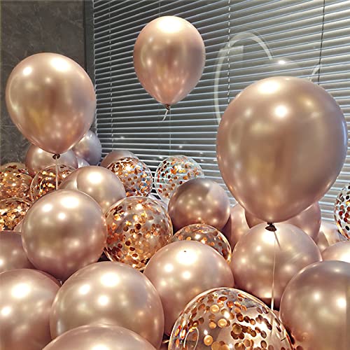 RUBFAC 50pcs Rose Gold Balloon Metallic Confetti Balloons 12 Inch Latex Balloons with 66ft Ribbon for Birthday Party Decorations