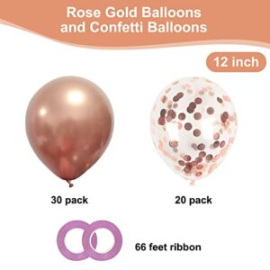 RUBFAC 50pcs Rose Gold Balloon Metallic Confetti Balloons 12 Inch Latex Balloons with 66ft Ribbon for Birthday Party Decorations