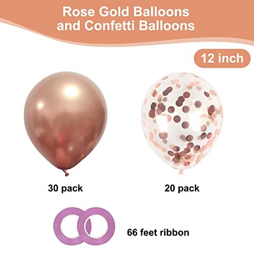 RUBFAC 50pcs Rose Gold Balloon Metallic Confetti Balloons 12 Inch Latex Balloons with 66ft Ribbon for Birthday Party Decorations