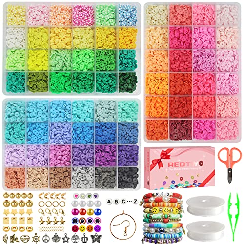 Redtwo 72 Colors 15000pcs Clay Beads Bracelet Making Kit, Flat Round Polymer Heishi Beads for Jewelry Making with Letter Beads and Elastic Strings, Crafts Gift for Girls Ages 6-12(3 Boxes)