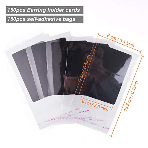 MIAHART 150 Set Earring Display Card with 150 Pcs Self-Seal Bags, Earring Holder Card for Selling DIY Ear Studs, Earrings and Jewelry Display (Black)