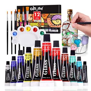 colorful acrylic glass paint set with 6 brushes, 1 palette, 12 colors glass paints for wine glass, bulb, waterproof acrylic enamel paint kit to create translucent arts on porcelain, window & ceramic