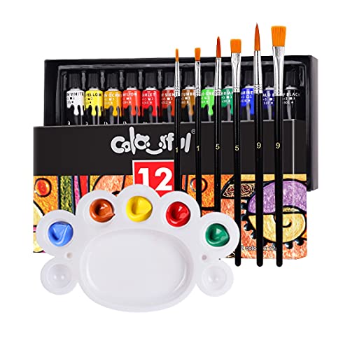 Colorful Acrylic Glass Paint Set with 6 Brushes, 1 Palette, 12 Colors Glass Paints for Wine Glass, Bulb, Waterproof Acrylic Enamel Paint Kit to Create Translucent Arts on Porcelain, Window & Ceramic